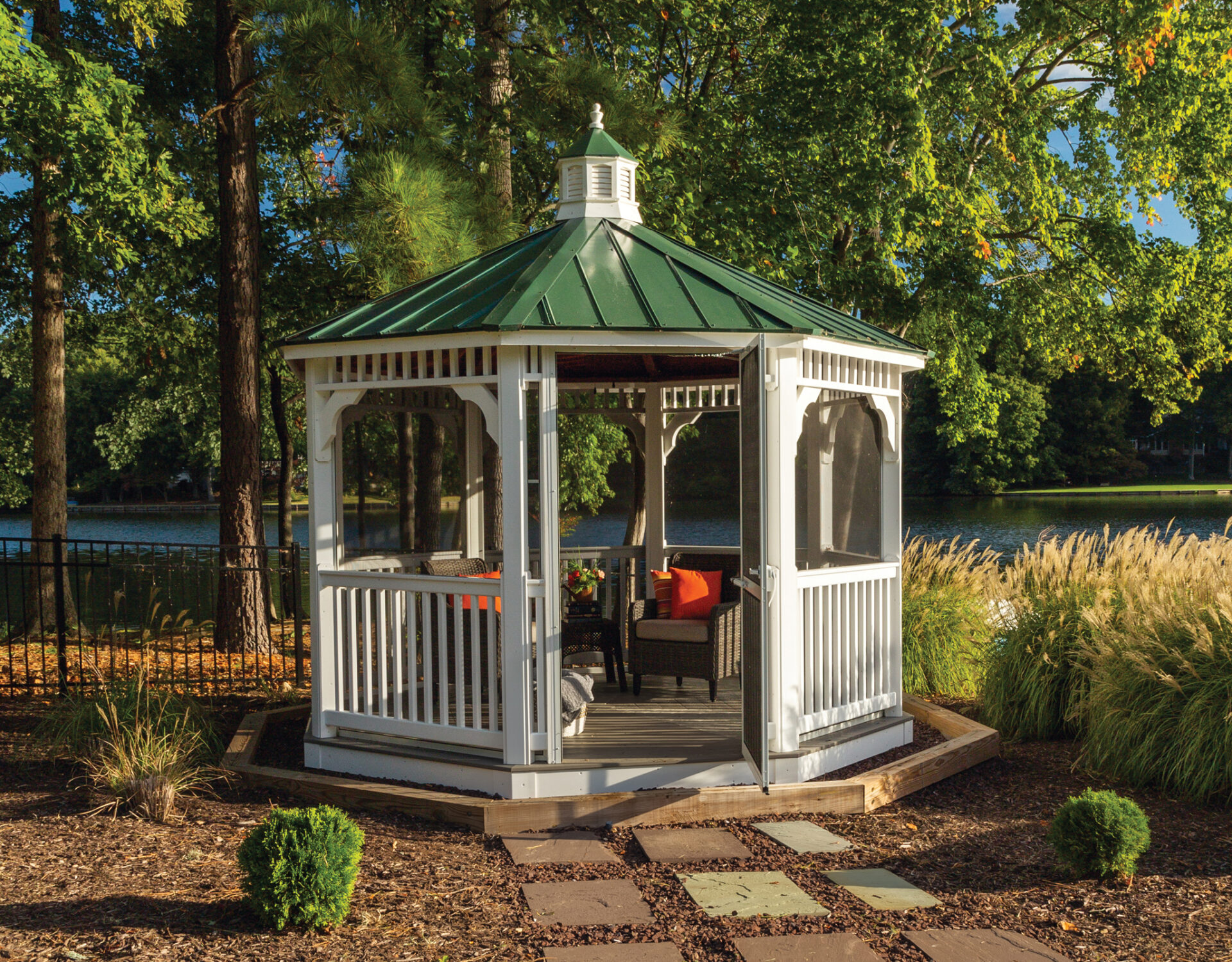 12' Octagon Vinyl Gazebo | Screened Metal Roof with Cupola | Country ...