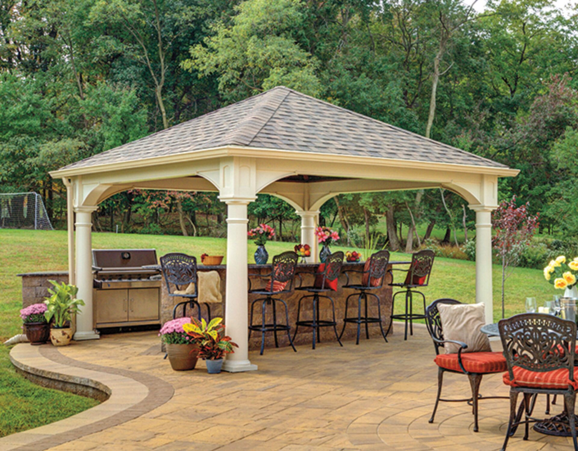 14' x 14' Traditional Pavilion | All Weather Almond Vinyl, Mahogany ...