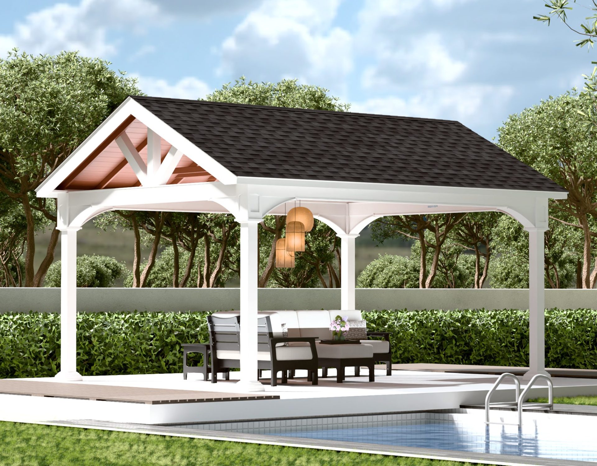 14′ x 18′ A-Frame Pavilion | All Weather White Vinyl, Mahogany Ceiling ...